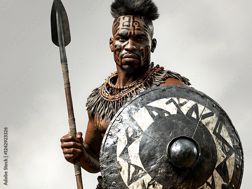 Zulu warrior with shield and spear showcasing ancestral markings and ...