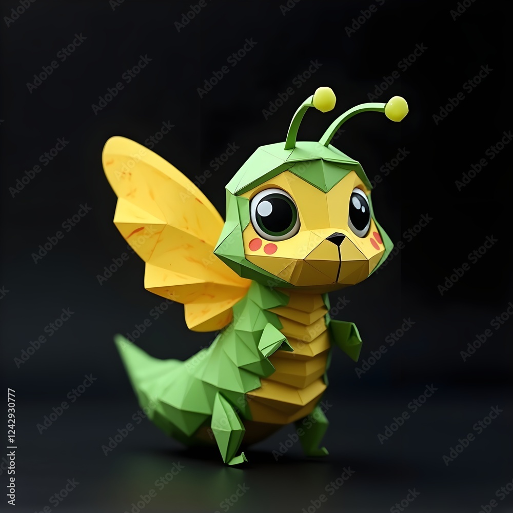 Stylized paper butterfly caterpillar, origami-inspired animal art ...