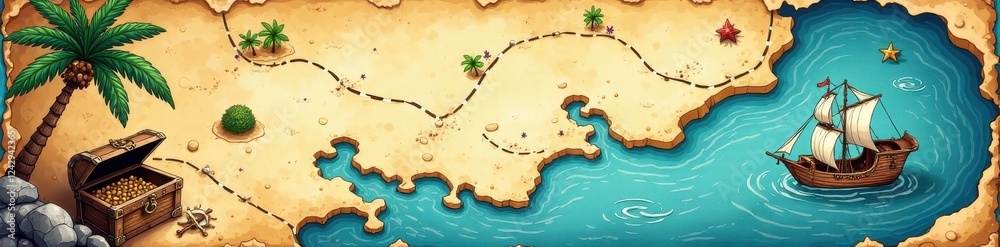 Hand-drawn vector map with pirate symbols, treasure chest , doubloons ...