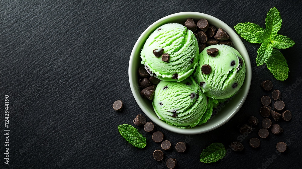Mint chocolate chip ice cream in bowl, dark background, food ...