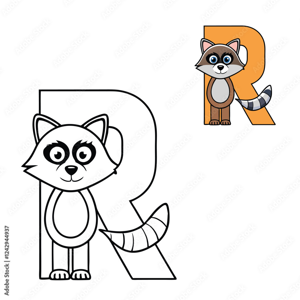 Alphabet letter "R" with a cute raccoon coloring page. Features a ...