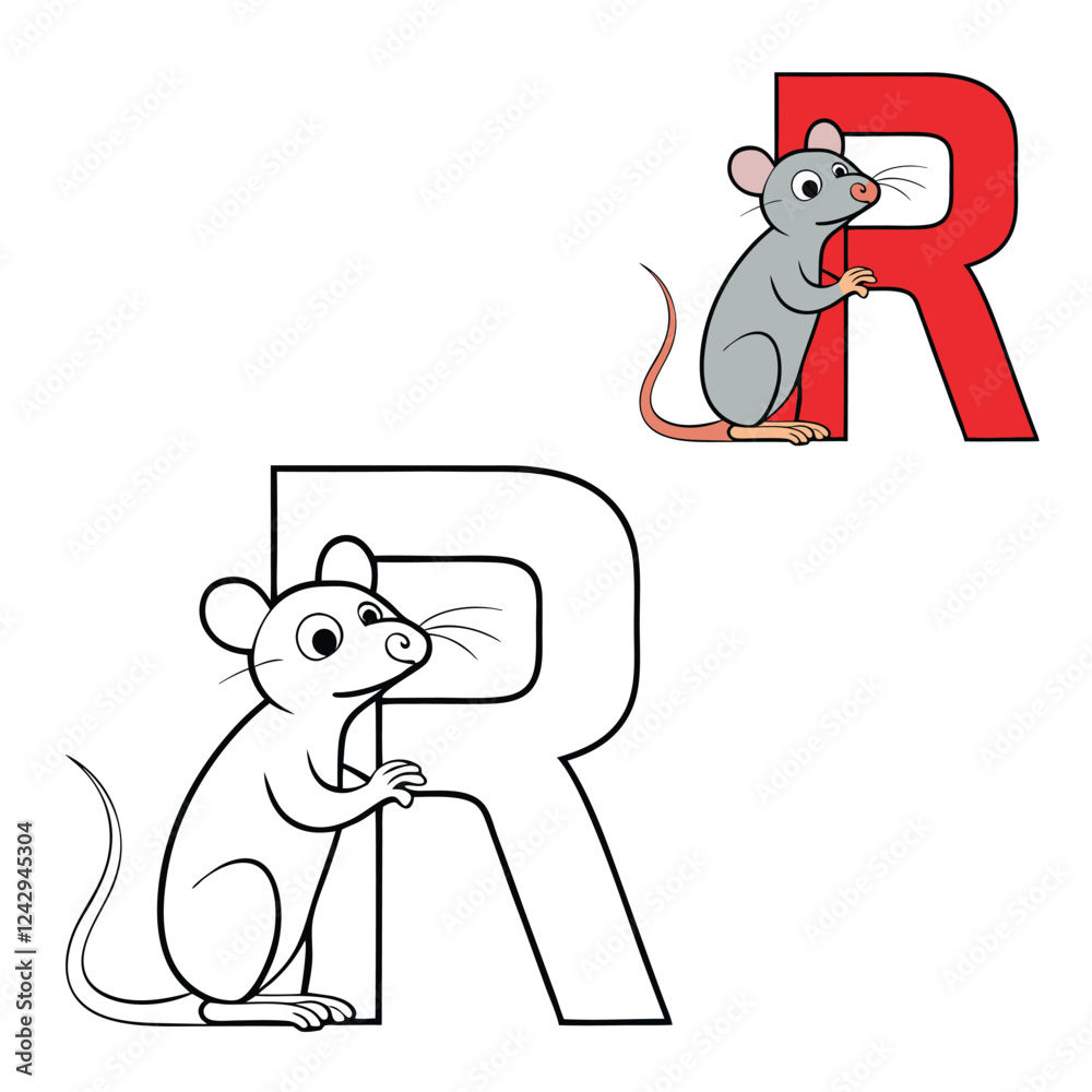 Alphabet letter "R" with a cute rat coloring page. Features a big, bold ...