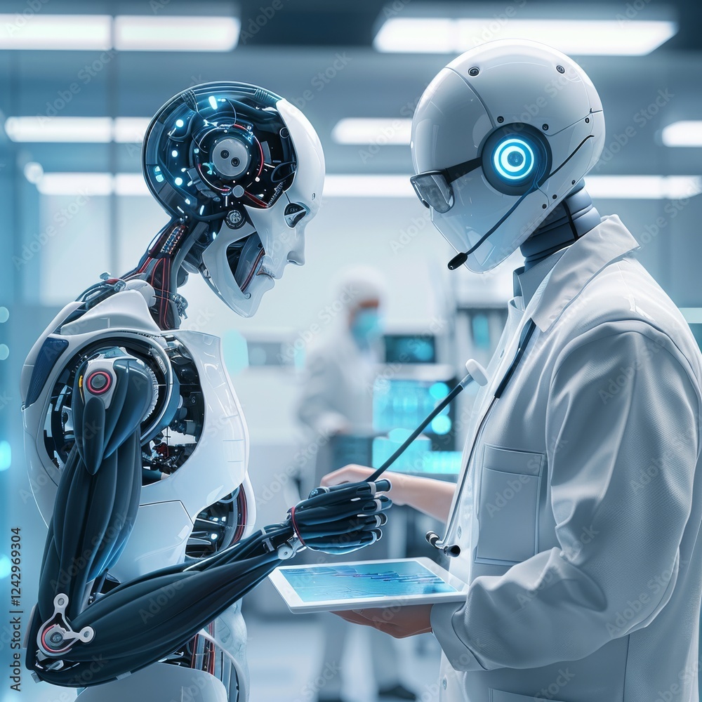 Robot doctor examines cyborg patient futuristic healthcare AI medicine ...
