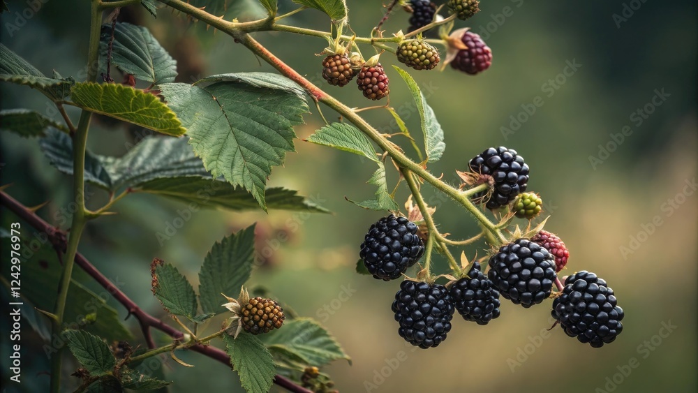 Silky blackberries tangled among thorny stems and leaves, outdoor ...