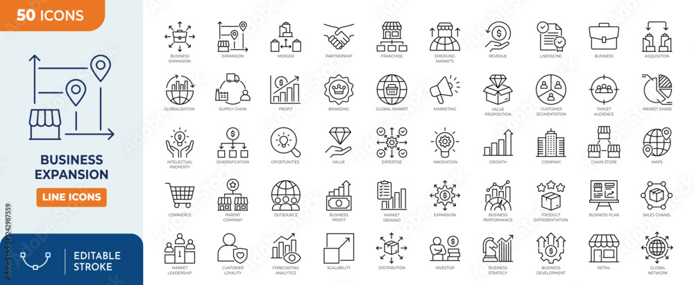 Business Expansion icon set. Contains related icons for growth ...