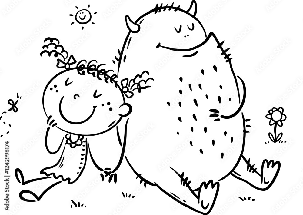Cartoon little girl and friendly monster sitting outdoors together ...