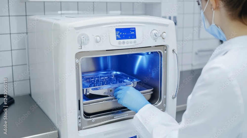 Dental professional sterilizing tools in modern clinic advanced ...