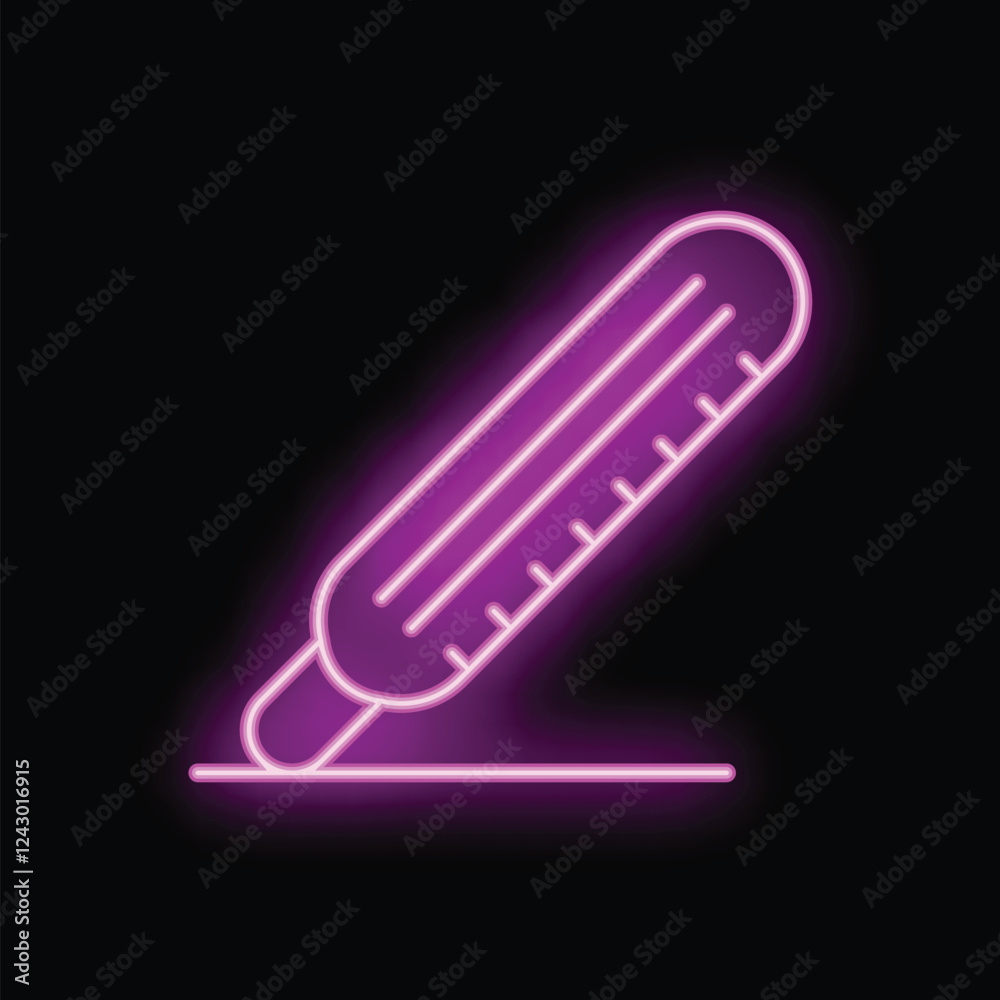 Glowing neon sign depicting a medical thermometer, a symbol of ...