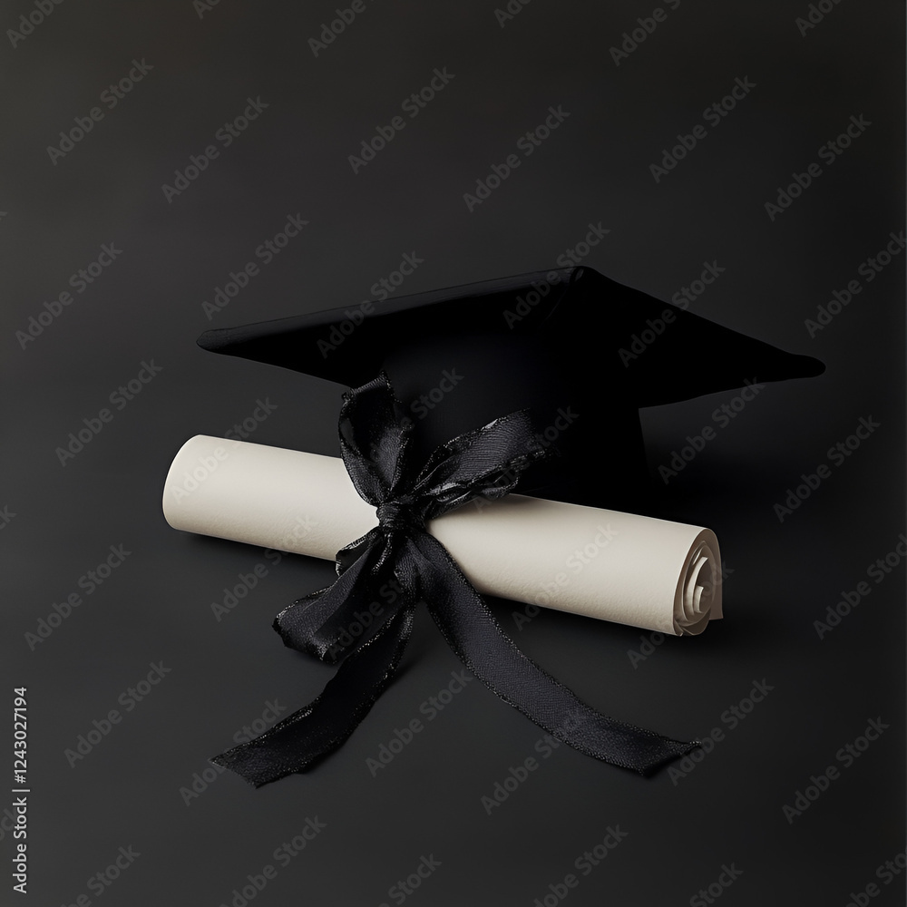 Graduation Cap and Diploma: A black graduation cap rests atop a rolled ...