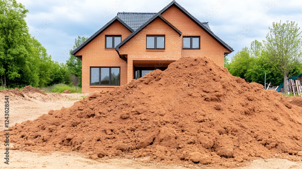 New Two Story Red Brick House with Large Pile of Brown Soil Stock ...