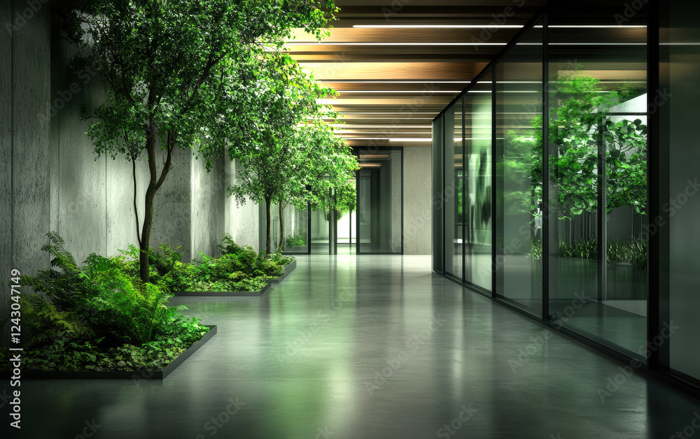 Experience a modern office corridor designed with biophilic elements, featuring lush greenery ...