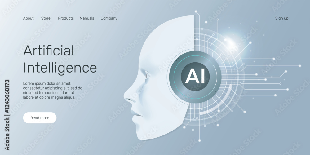 Web banner AI humanoid head side view, AI digital brain, machine learning, neural network ...