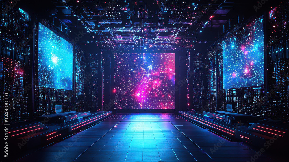 Exploring a cutting-edge entertainment hub showcasing quantum computing and holographic displays ...