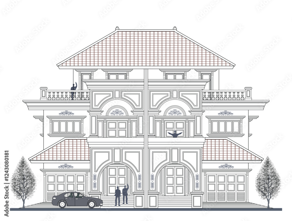 Facade of 3 storey twin asymmetrical colonial house style with 3 doors ...