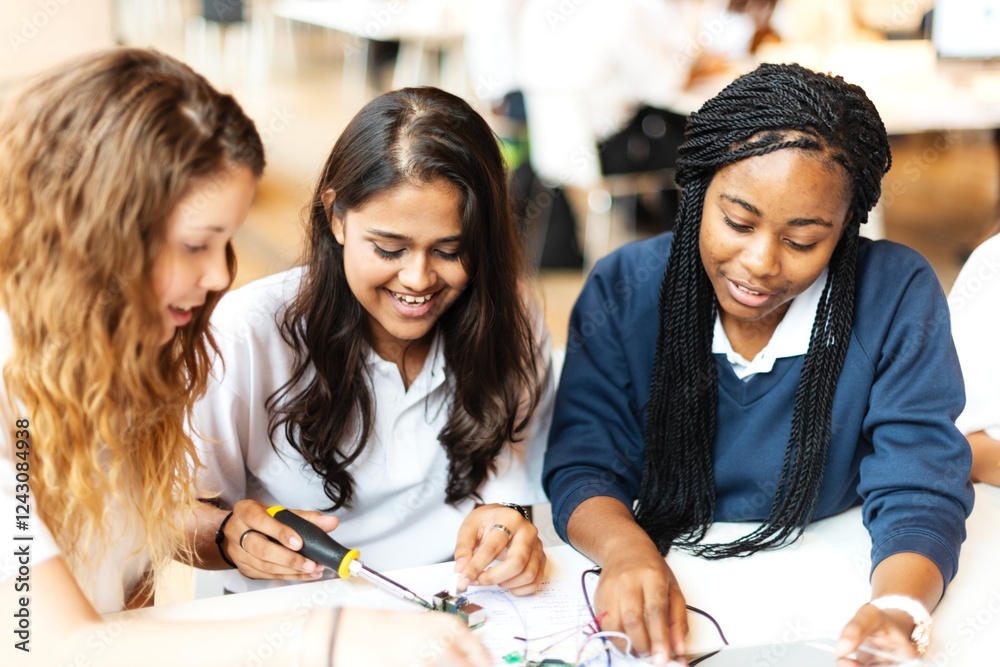 Three young women collaborating on an electronics project, smiling and ...