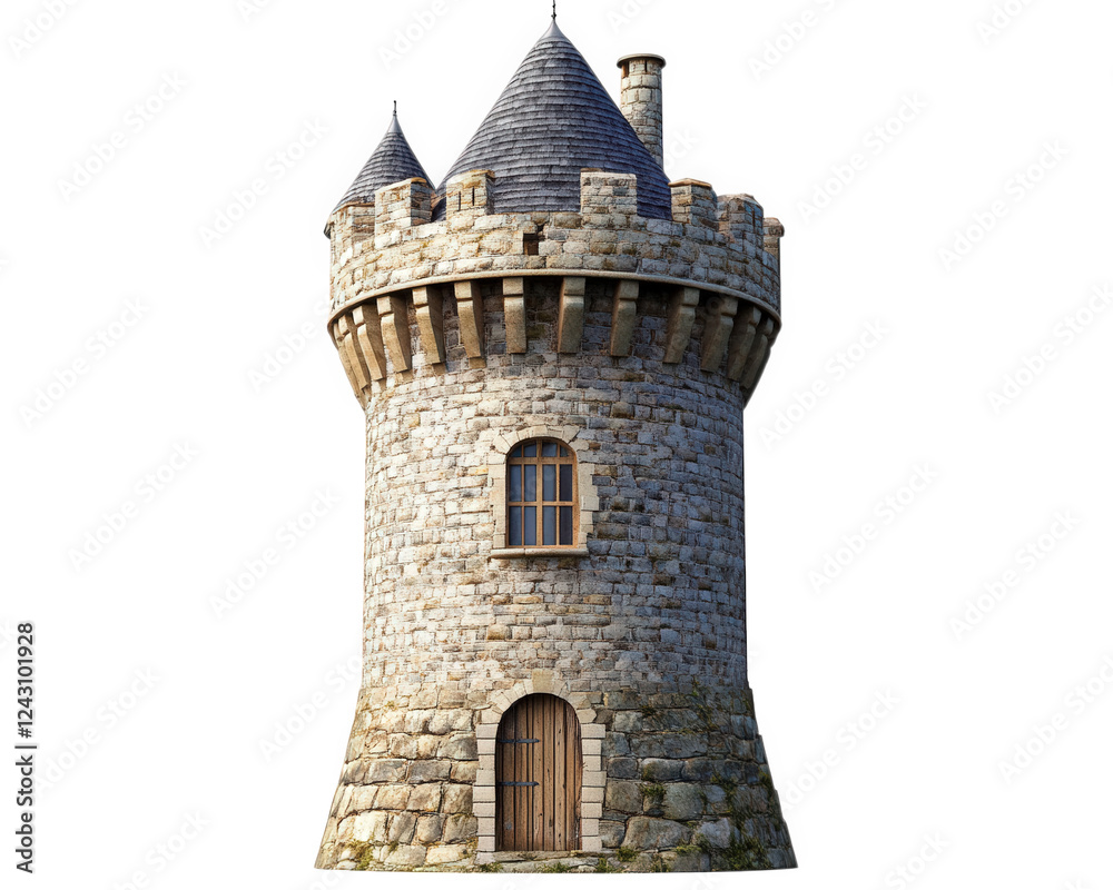 Historic castle turret with stone walls and conical roofs, isolated on ...