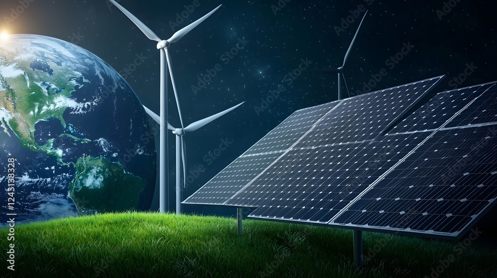 of wind turbines and solar panels on a green planet symbolizing the ...