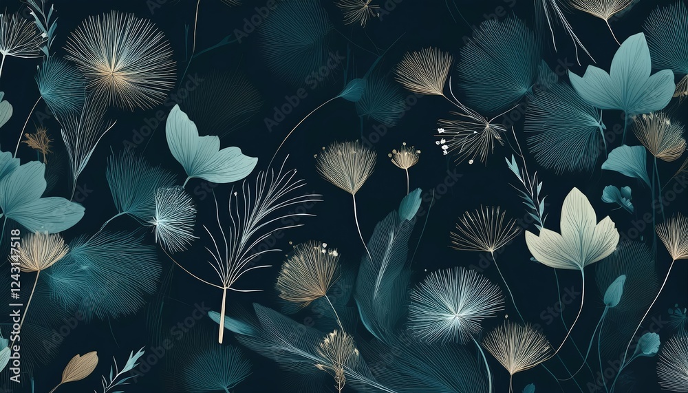 Nature-inspired pattern with floral and graphic elements in a cool ...