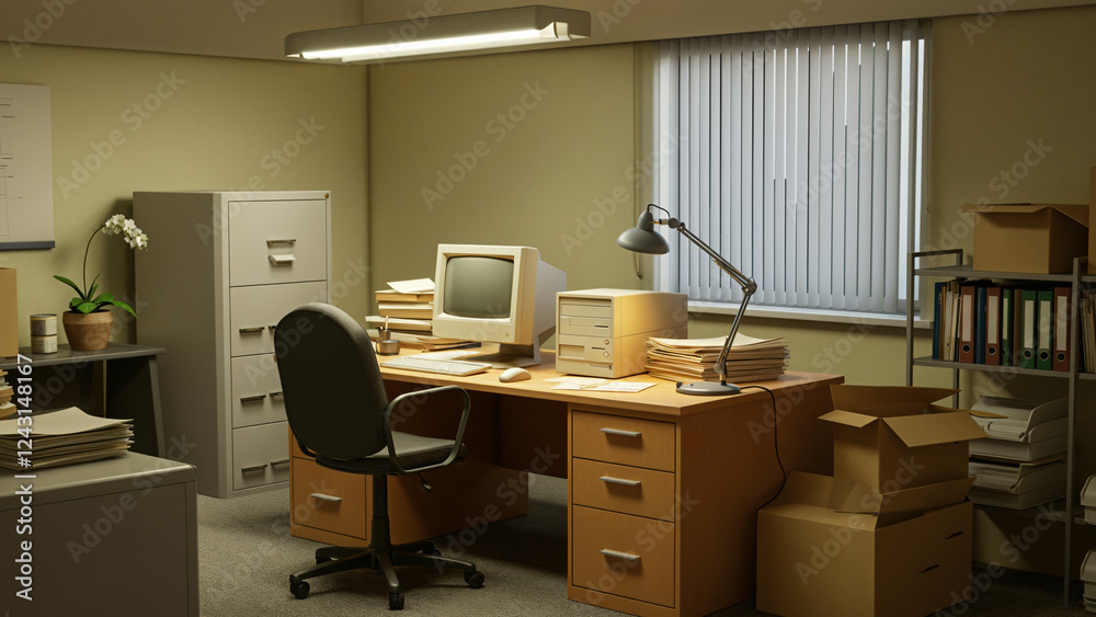 Functional early 2000s office space featuring basic furniture and ...