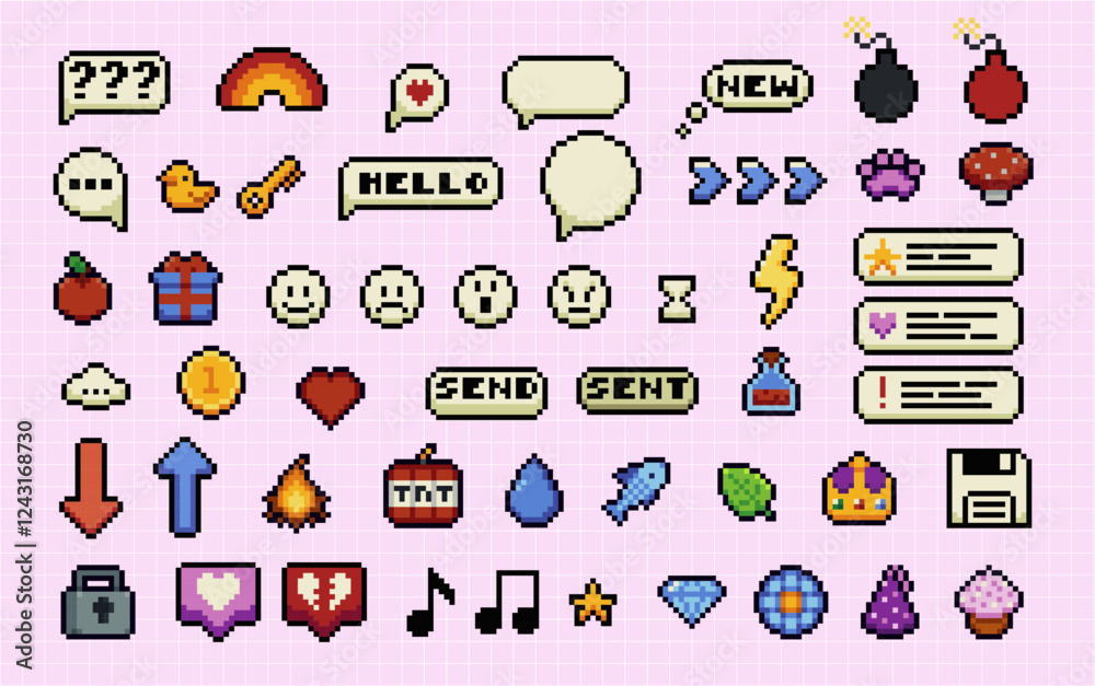 Set of pixel art speech bubbles and icons. Wow. Surprise. Bang. Bomb. Retro game style dialogue ...