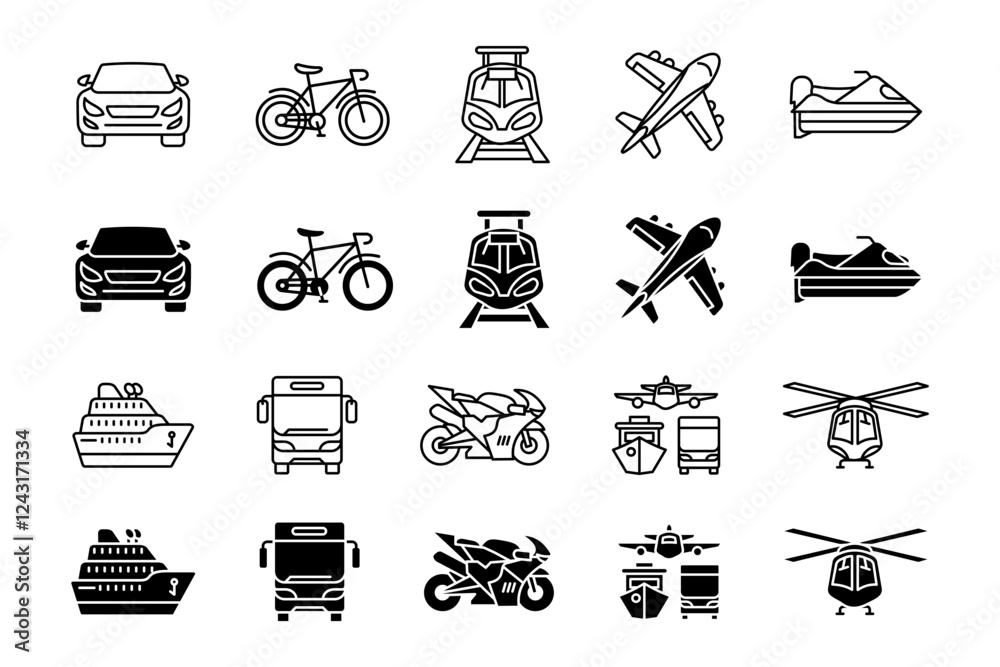Transport icon set. Various vehicles for land, air, and sea travel ...