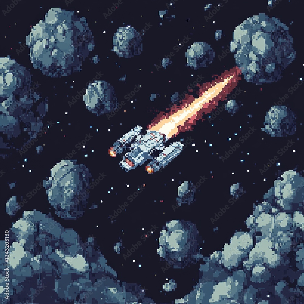 pixel art game concept of an AI drone navigating a pixelated asteroid field to collect resources ...