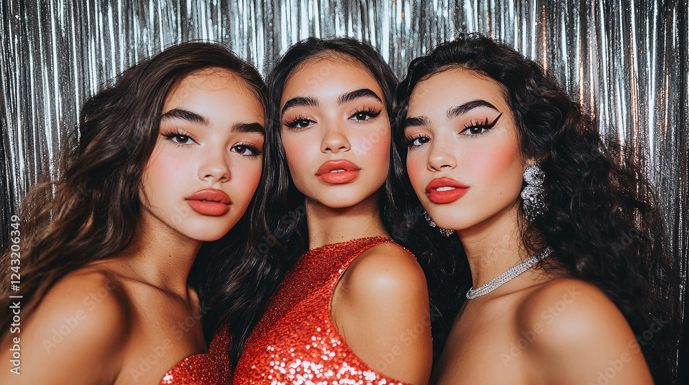 Three beautiful young women striking a glamorous pose in front of a ...