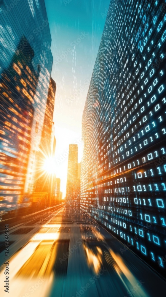 Dynamic cityscape with digital binary code flowing through the air, code lines, code flow ...