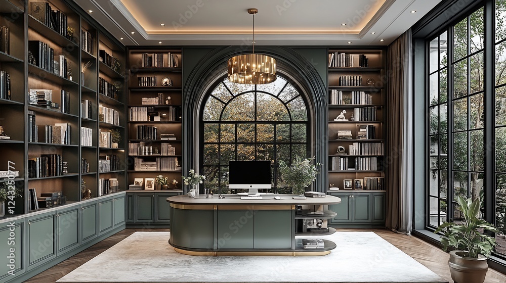 Luxurious home office with arched window, built-in bookshelves, and ...