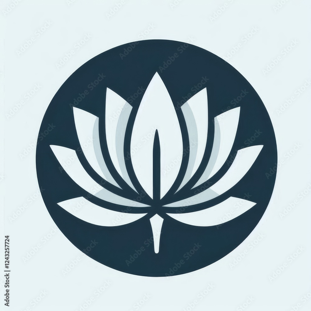 Lotus flower symbol in circle. Black and white geometric floral emblem ...