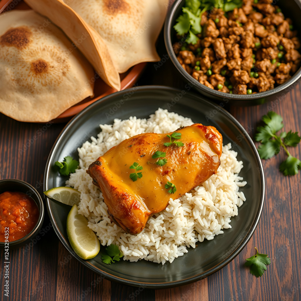Chicken Mandy top view The national Saudi Arabian dish chicken kabsa ...