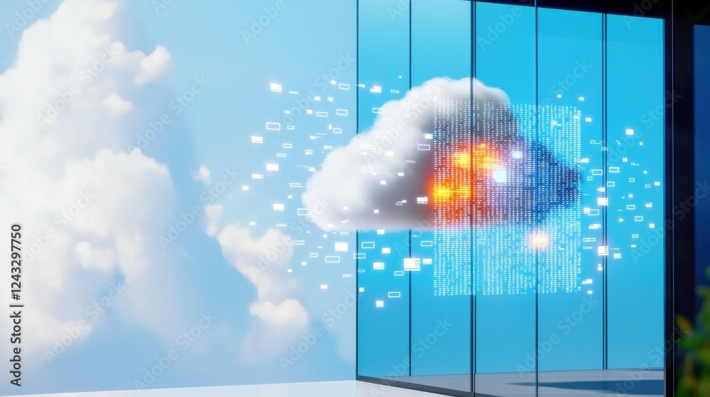 Abstract cloud computing concept. Digital data flows from a fluffy ...