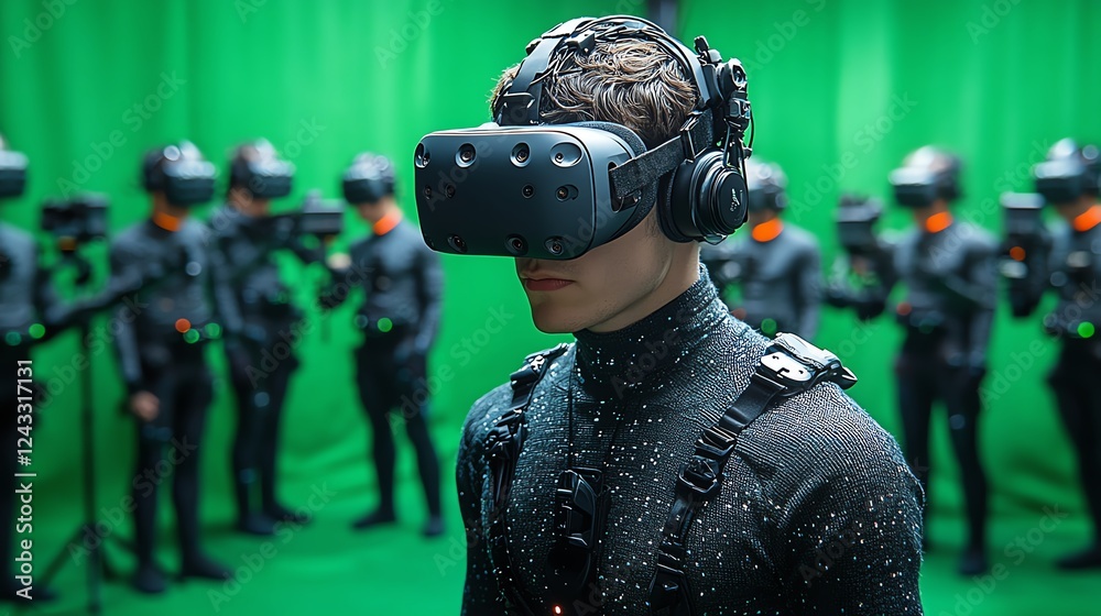 A young man experiences immersive virtual reality in a studio setting ...