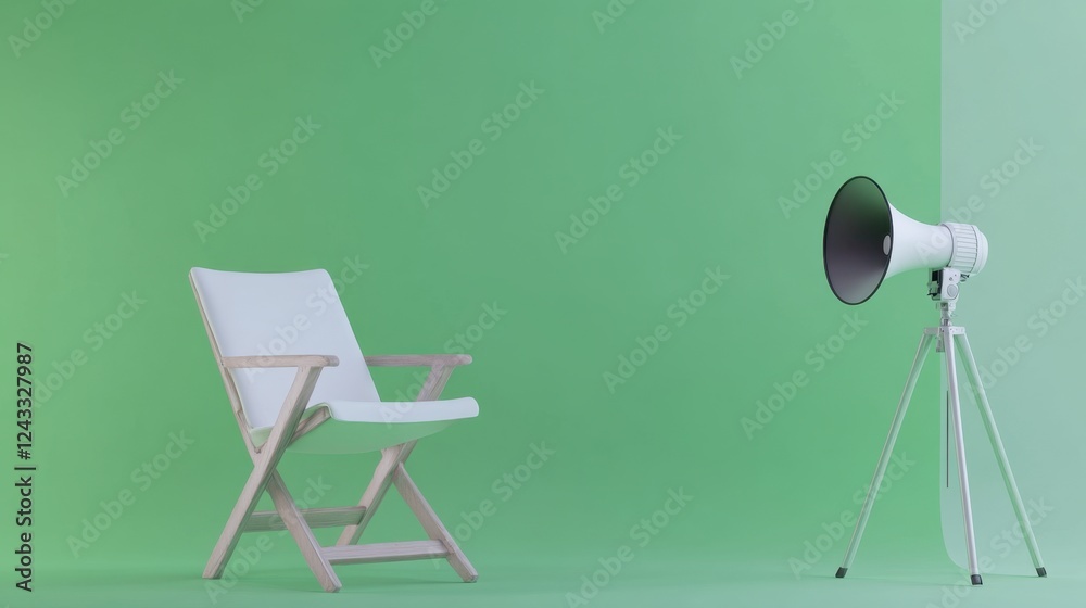 Classic directors chair with a vintage megaphone placed beside it ...