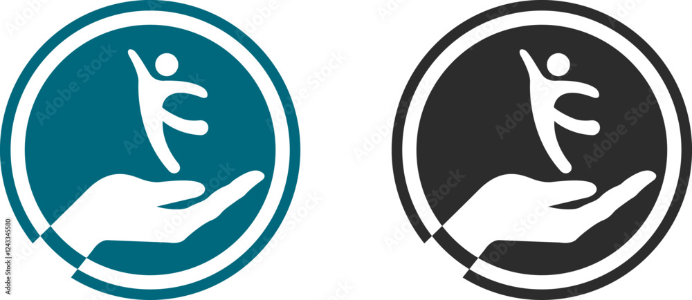 Support and care logo in the form of a circle, hand and person, icons ...