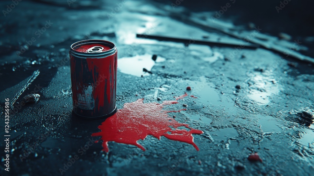 Red paint spills from can on grunge floor, debris background, dystopian ...