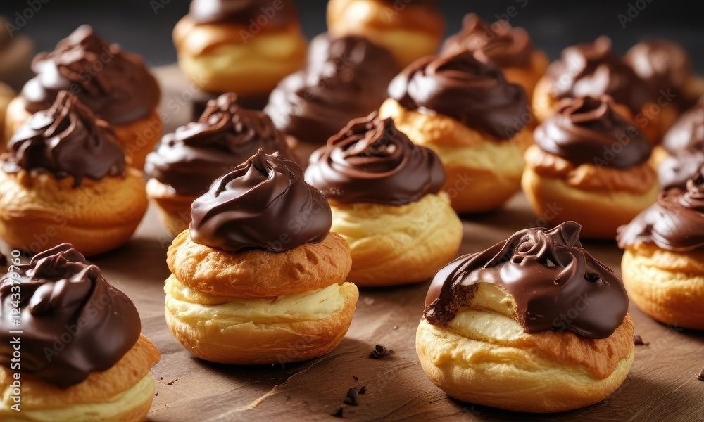 Pile of choux pastries made from whipped dough and a rich chocolate ...