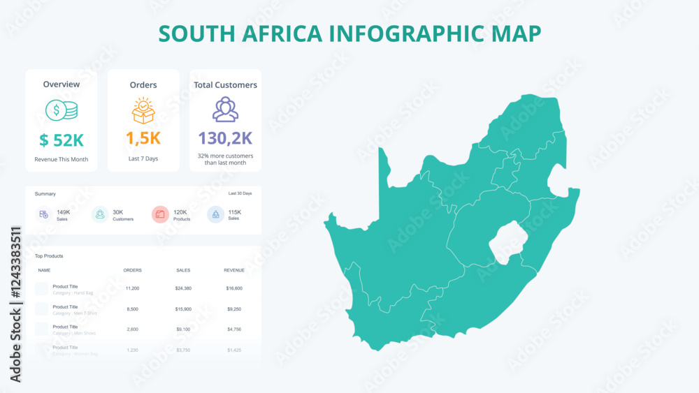 Business Growth Infographic Map of South Africa. Orders, Customers ...