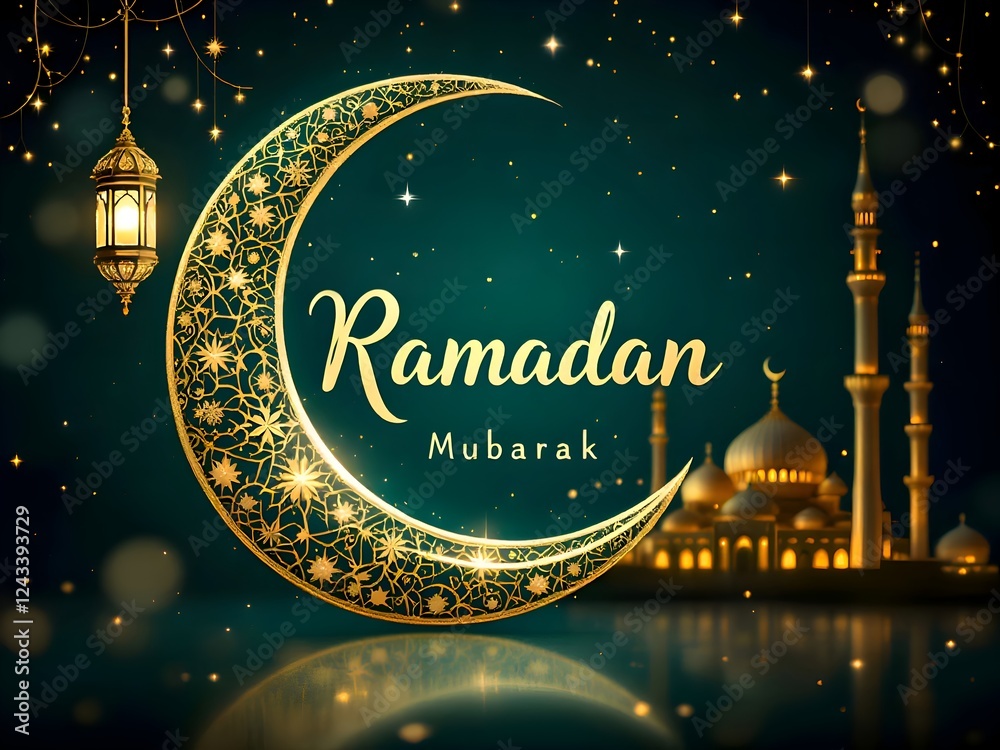 Ramadan Mubarak with crescent moon,lantern and mosque 2025,a concept of Ramadan Mubarak 2025 ...