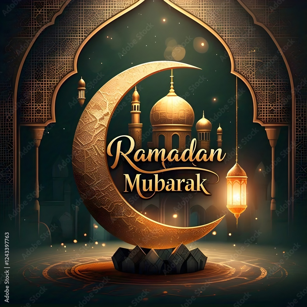 Ramadan Mubarak with crescent moon,lantern and mosque 2025,a Concept of Ramadan Mubarak 2025 ...