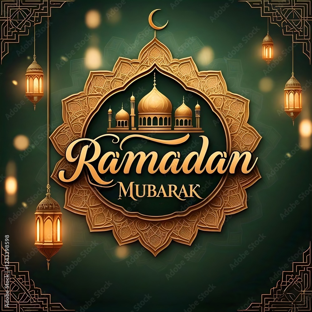 Illustration Stock Ramadan Mubarak with Lantern and Golden Mosque on ...