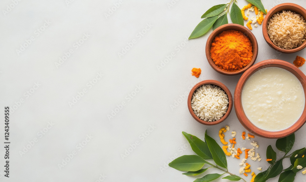mandala, neem flowers, Ugadi pacchadi and Bellam Pongal on background ...