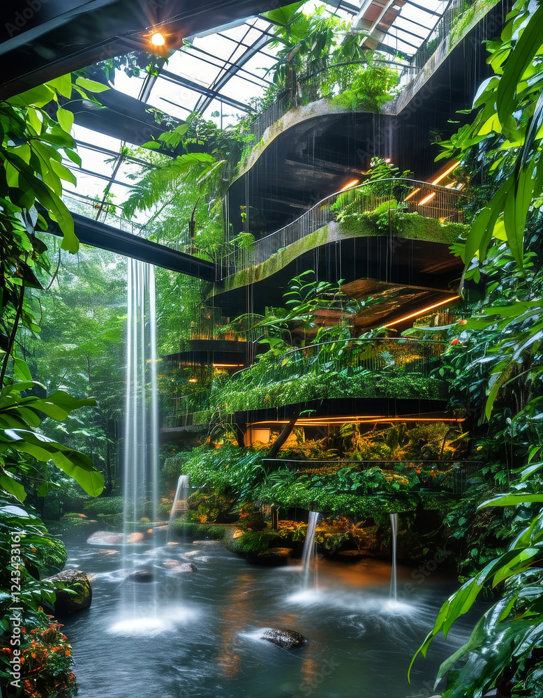 Futuristic sustainable city concept, Urban Rainforest Pavilions, multi ...