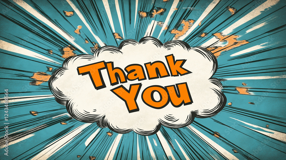 Thank you text in bold orange comic-style font inside a white explosion ...