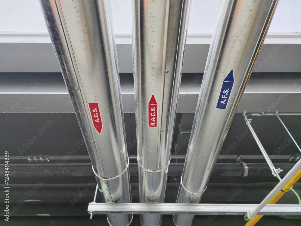Large ventilation pipes running across a ceiling in a modern building ...