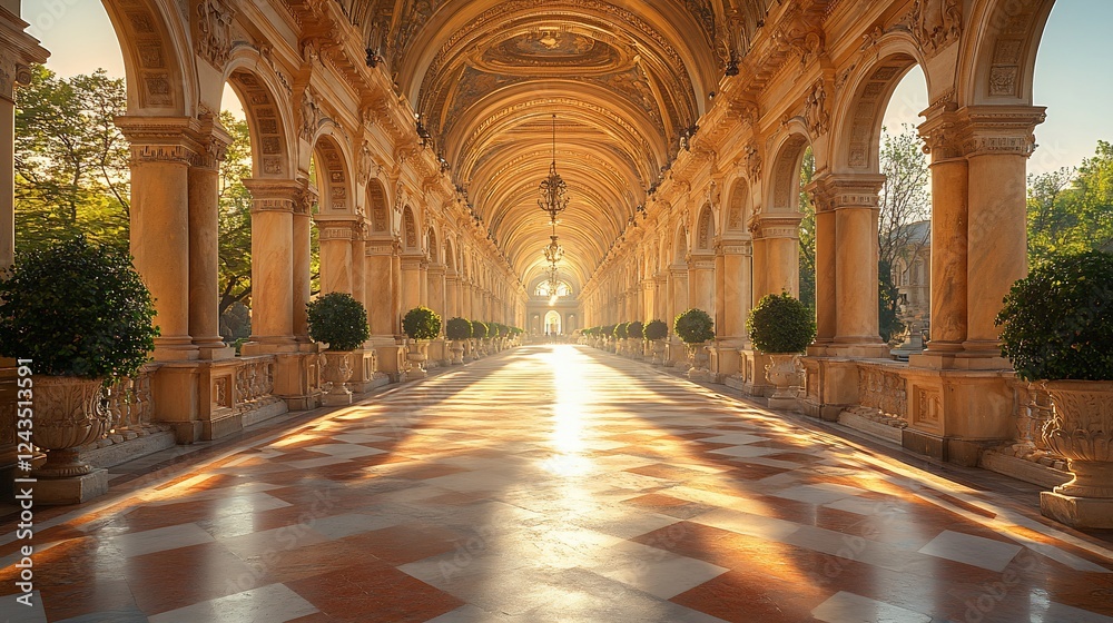 Sunlit grand arcade with columns, arches, and potted plants. Stock ...