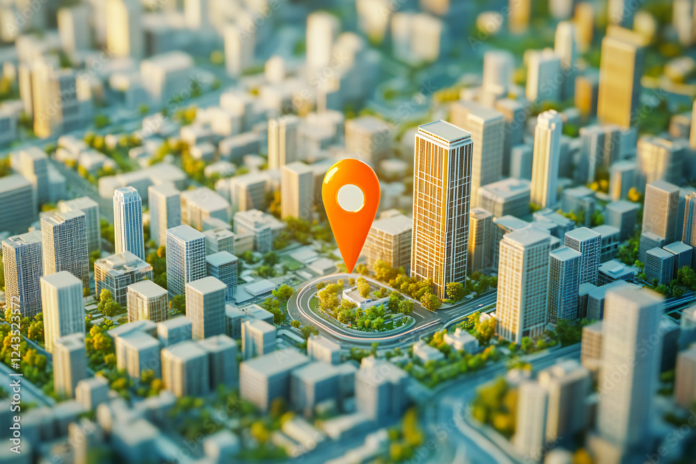 location pin pointing a specific building on a city map with roads ...