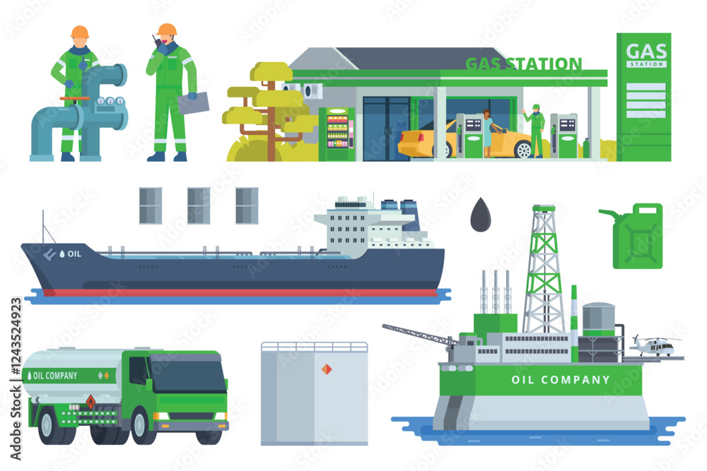 Oil & Gas Industry Illustration Bundle. Vector Set of Oil Well and Rig ...
