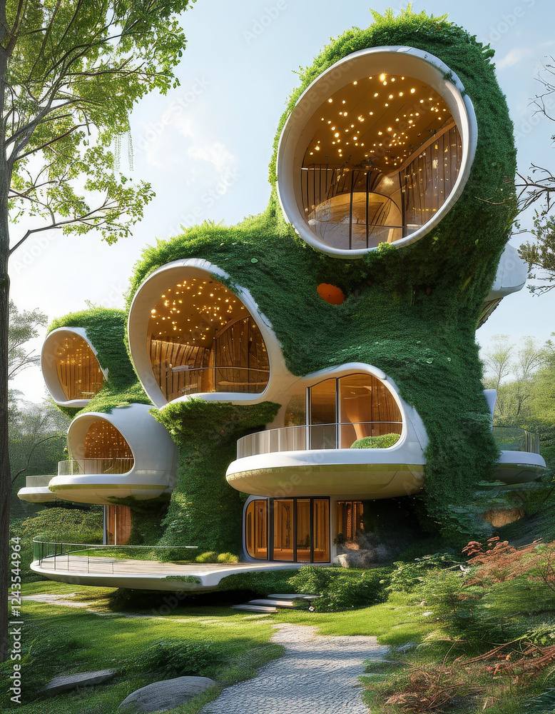 Futuristic sustainable city concept, Fungi-Tech Living Capsules, Eco ...
