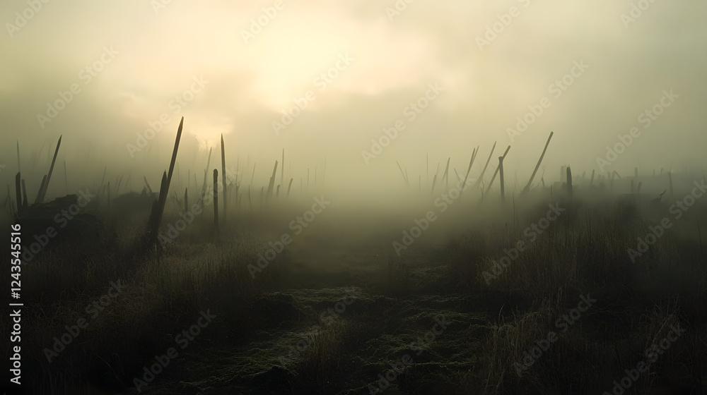 A fog-covered battlefield at dusk, where the faint outline of broken ...